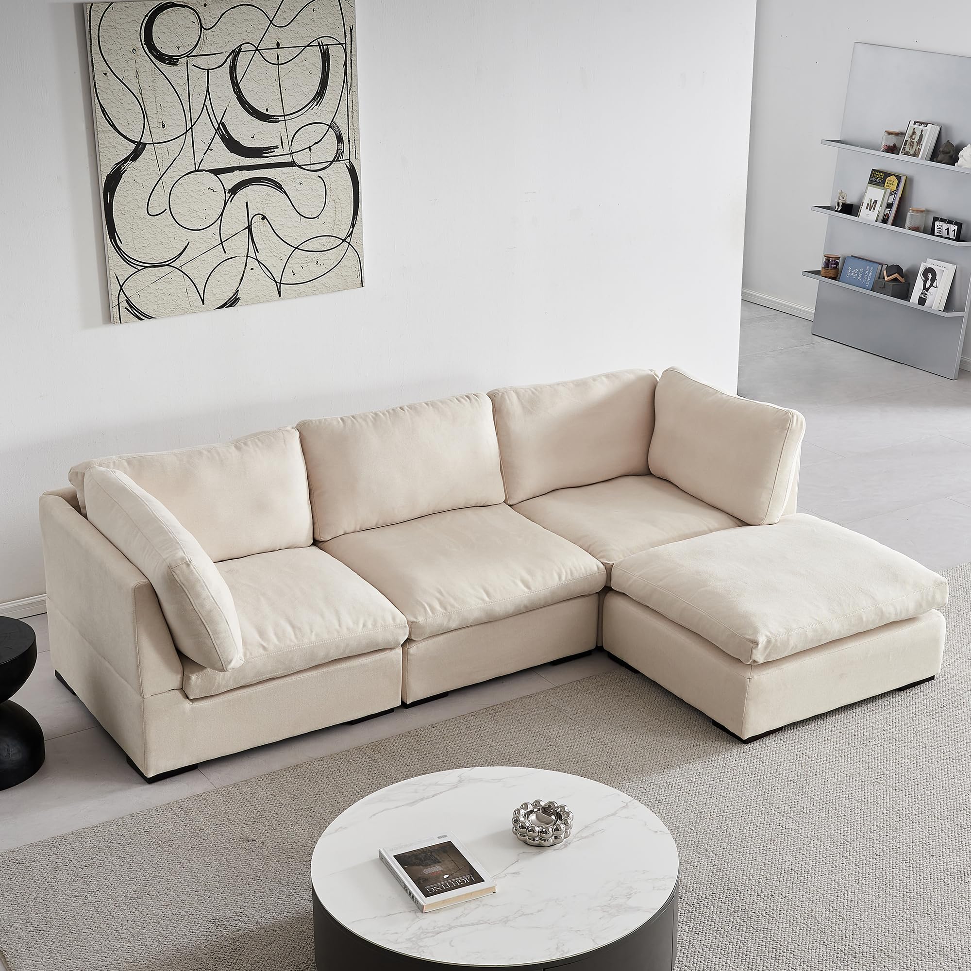 GNIXUU 99" Modular Sectional Sofa Cloud Couch with Feather Filled for Living Room, Modern Comfy Upholstered 4-Seater L-Shaped Sofa Couch with for Bedroom, Apartment, Free Combination(Beige)