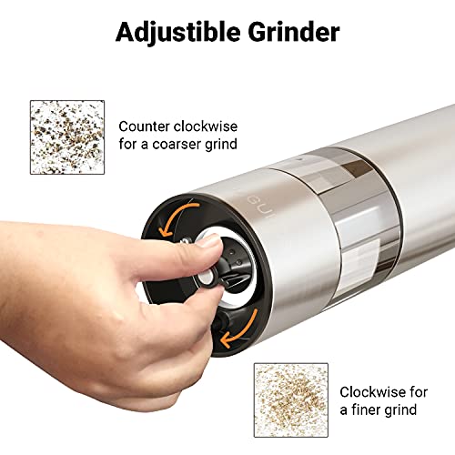 Electric Salt and Pepper Grinder Set - Automatic, Refillable, Battery Operated Stainless Steel Pepper Mill and Salt Grinder with Light - One Handed Push Button Salt and Pepper Shakers