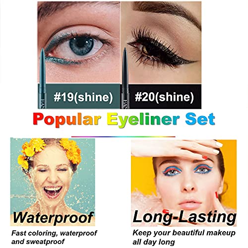 LemonSac 20 Colors Eyeliner Pen Set, Eye Shadow Pencil, Pearl Eyeliner Kit Metallic Eyeliner Pencil Glitter Eyeliner for Women Eye&Lip Liner Professional Waterproof Retractable Eyeliner(20PCS)