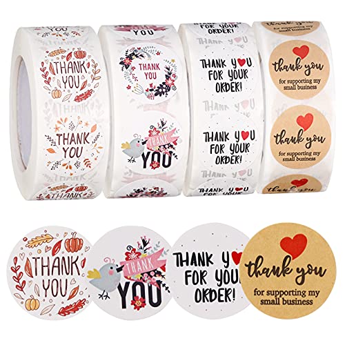 Thank You Stickers Small Business - 4 Rolls 2000 Pieces Thank You for Supporting My Small Business Stickers Labels for Envelopes, Bubble Mailers and Gift Bags Packaging, 1 Inch,500 Pieces Each Roll