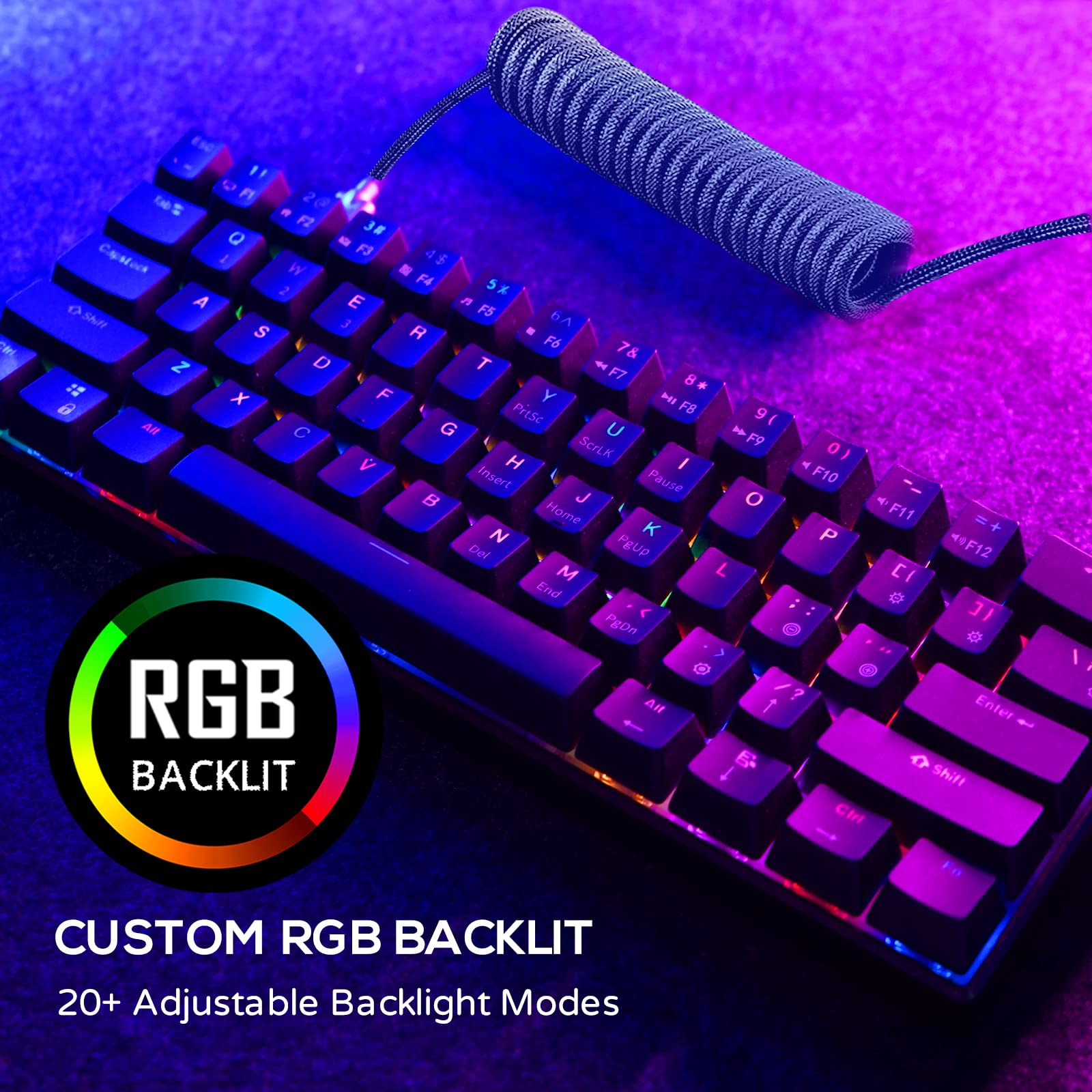 RK ROYAL KLUDGE RK61 60% Mechanical Keyboard with Coiled Cable, 2.4Ghz/Bluetooth/Wired, Wireless Bluetooth Mini Keyboard 61 Keys, RGB Hot Swappable Red Switch Gaming Keyboard with Software - Black