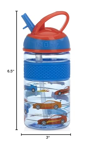 Nuby Thirsty Kids Flip-it Freestyle 12 oz Water Bottle with Bite Resistant Hard Straw, Blue Cars