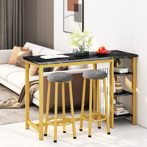 AWQM Bar Table Set with Storage Shelves, 47" Modern Black Faux Marble Breakfast Table with 2 Velvet Stools, 3-Piece Dining Set for 2, Space Saving Table for Kitchen/Dinning Room/Living Room/Studio