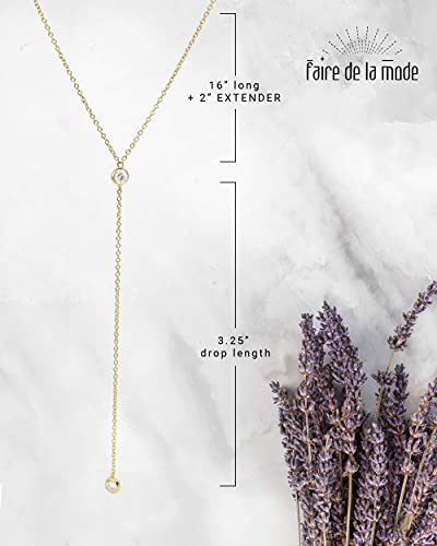 Dainty Drop Gold and Sterling Silver Adjustable Lariat Necklace for Women with Diamond, Simple Y Necklace Choker (Gold, Double CZ Lariat)