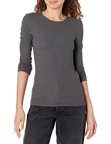 Amazon Essentials Women's Slim-Fit Layering Long Sleeve Knit Rib Crew Neck (Available in Plus Size), Pack of 2, Black/Charcoal Heather, Large