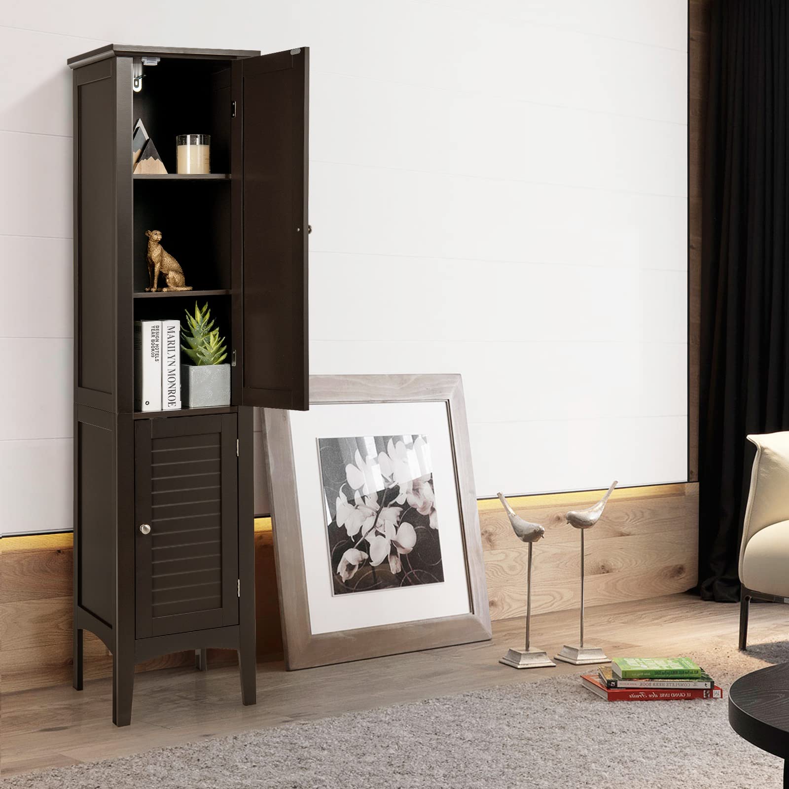 Tangkula Tall Bathroom Storage Cabinet, 5-Tier Wooden Freestanding Tower Cabinet, Narrow Storage Floor Cabinet w/2 Doors & Shelves for Bathroom Living Room Kitchen (Brown)