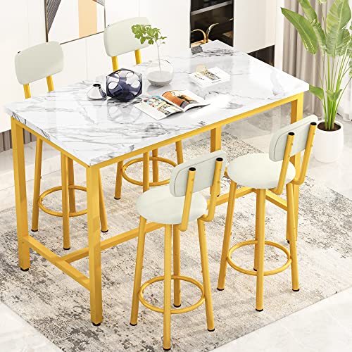 AWQM Faux Marble Dining Table with 4 PU Upholstered Chairs, 5-Piece Breakfast Table Bar Table and Backrest Chairs with Footrest, Kitchen & Dining Room Set for 4, Space Saving Furniture (White & Gold)