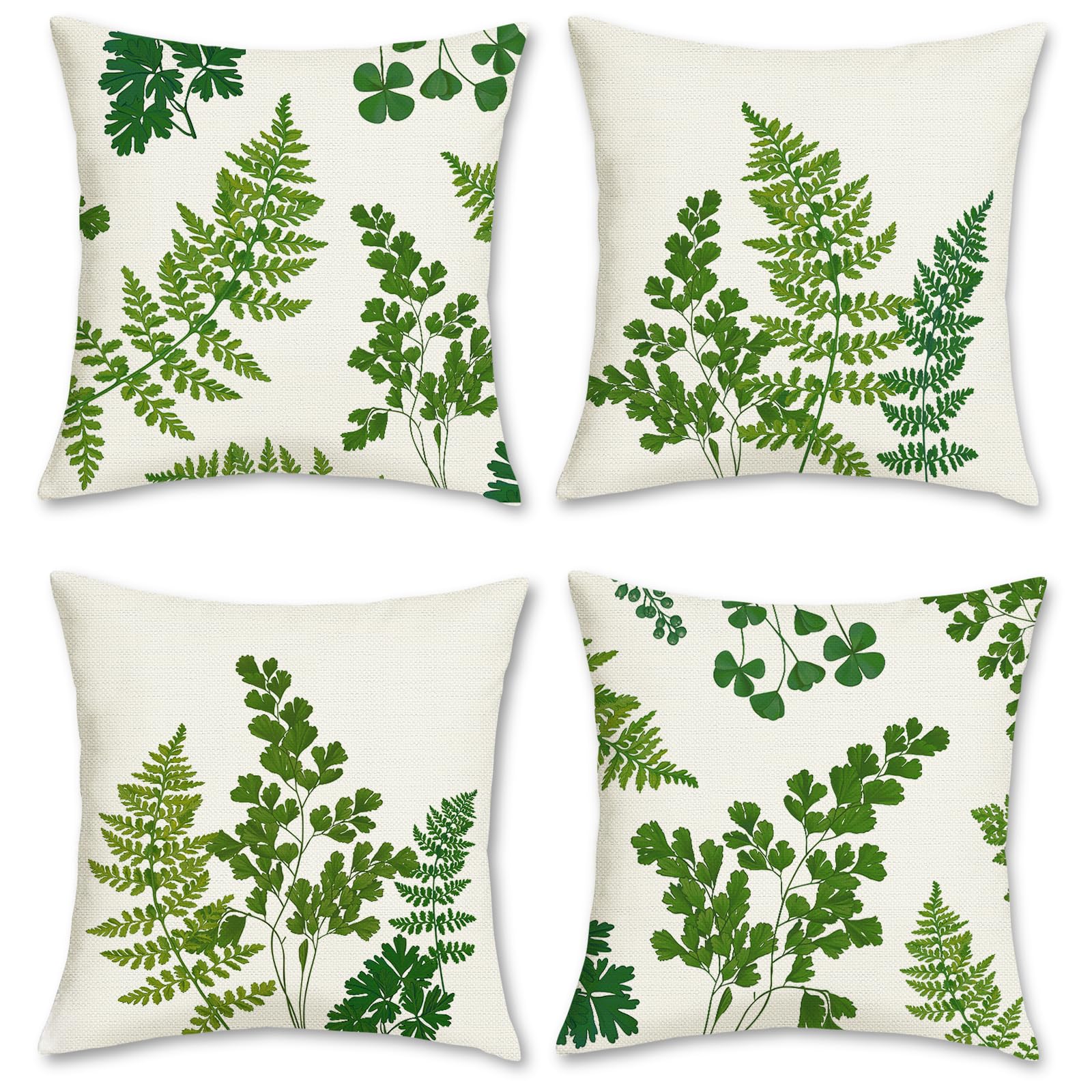 Bonhause Green Leaves Fern Throw Pillow Covers 18x18 Set of 4 Spring Summer Botanical Foliage Decorative Throw Pillow Cases Linen for Sofa Garden Couch Home Decor