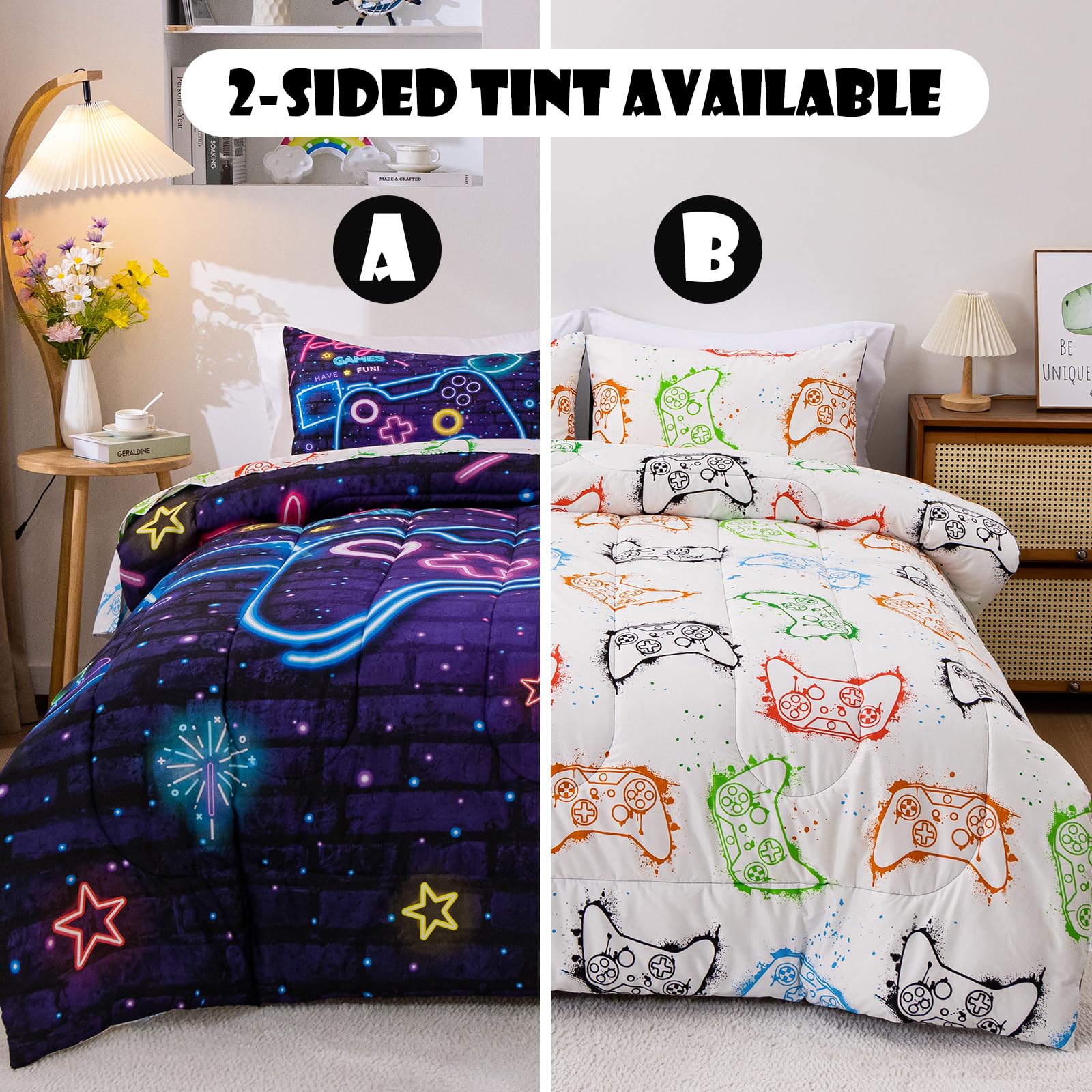 Aimuan Gamer Bedding Sets for Boys Kids Gaming Comforter Sets Video Games Console Action Buttons Gamepad Controller Comforter for Kids Bedroom Decor (Twin, Purple)
