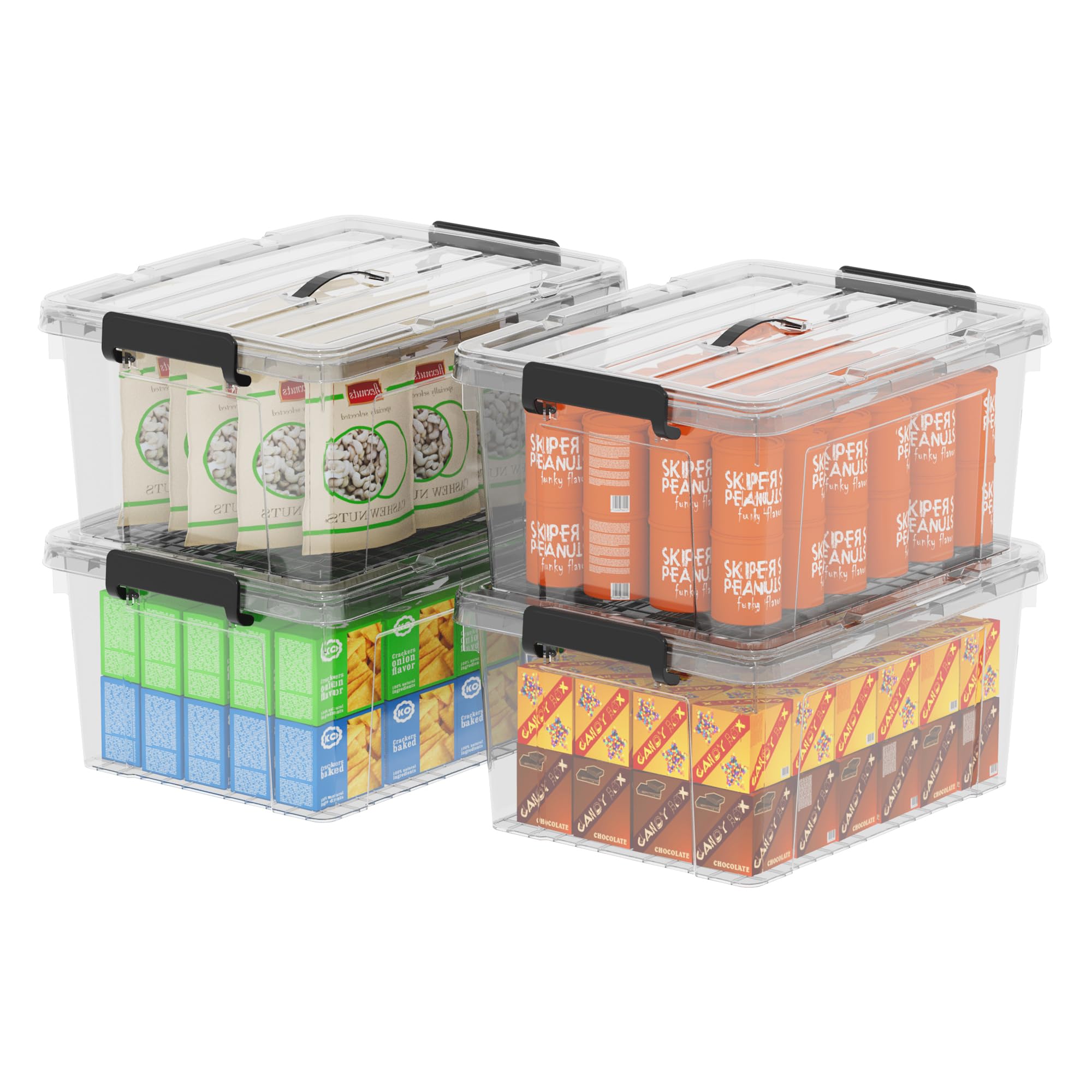 Cetomo 40Qt*4 Plastic Storage Bins, Storage Box, 4 Pack, Tote Organizing Container with Durable Lid, Secure Clips and Handle, Stackable and Nestable, Clear with Black Buckle