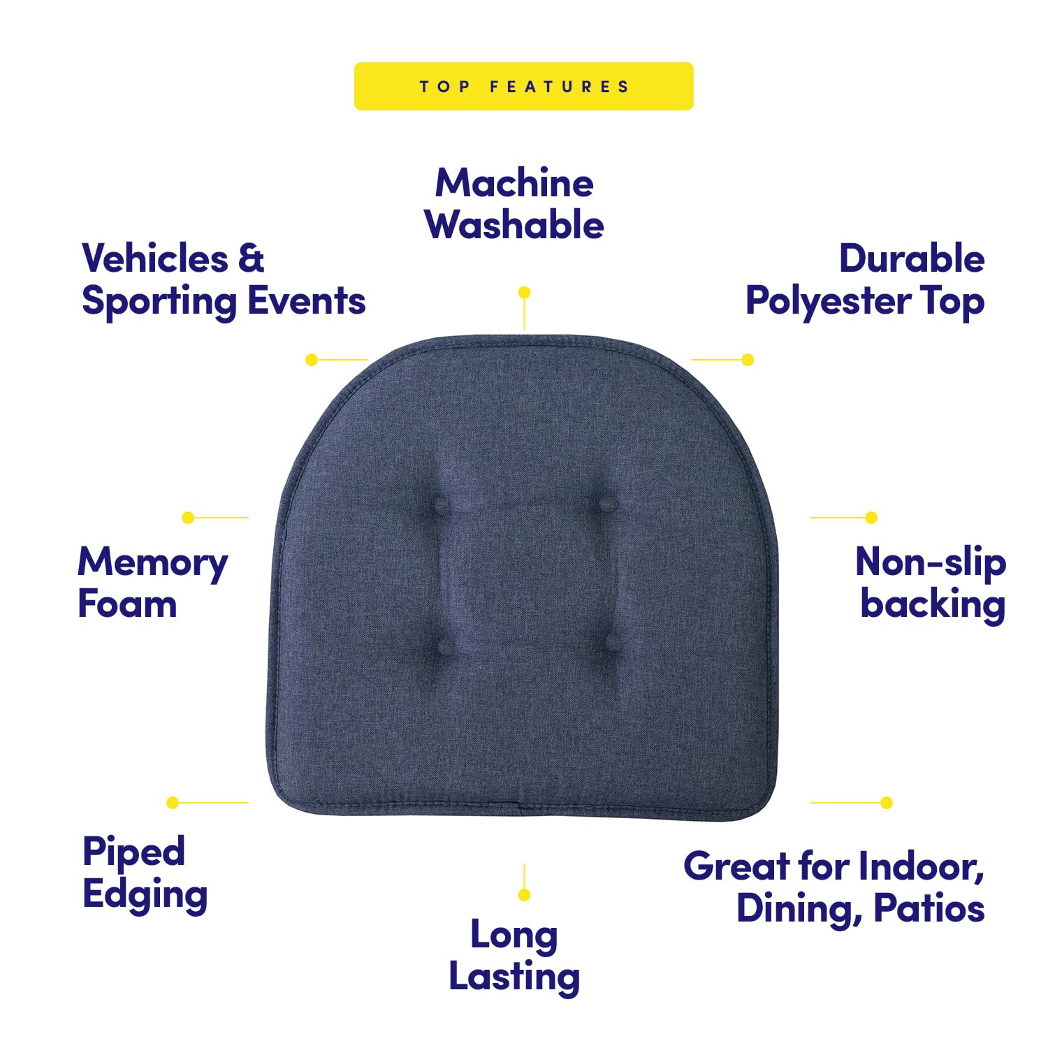 Sweet Home Collection Chair Cushion Memory Foam Pads Tufted Slip Non Skid Rubber Back U-Shaped 17" x 16" Seat Cover, 6 Pack, Denim Blue