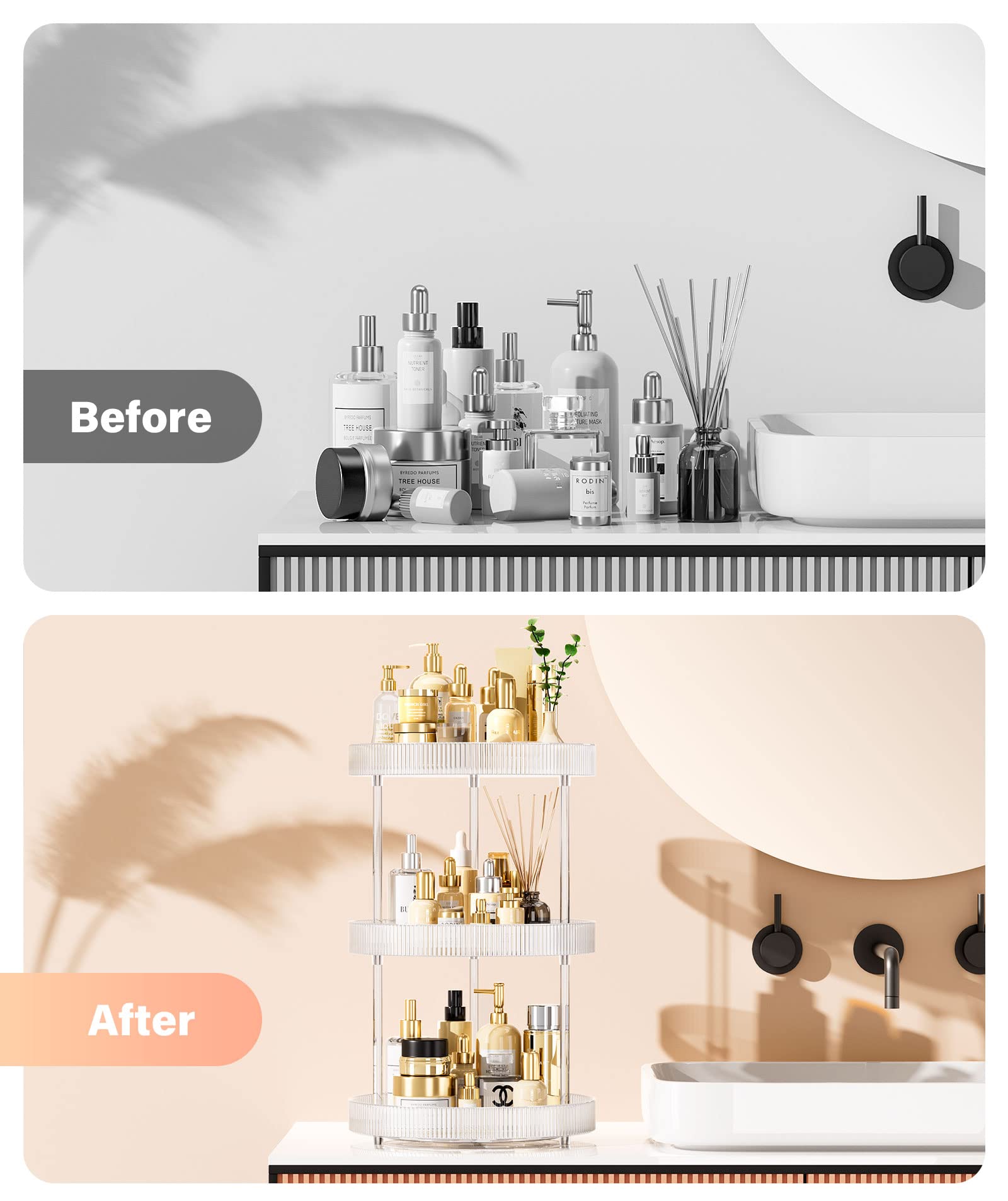 360° Clear Rotating Storage Tray, 3 Tier Lazy Susan Bathroom Countertop Organizer, Cosmetics and Perfume Organizer, Spinning Storage Tray Vanity Organizer Shelf for Bathroom Cabinet, Kitchen(Large)
