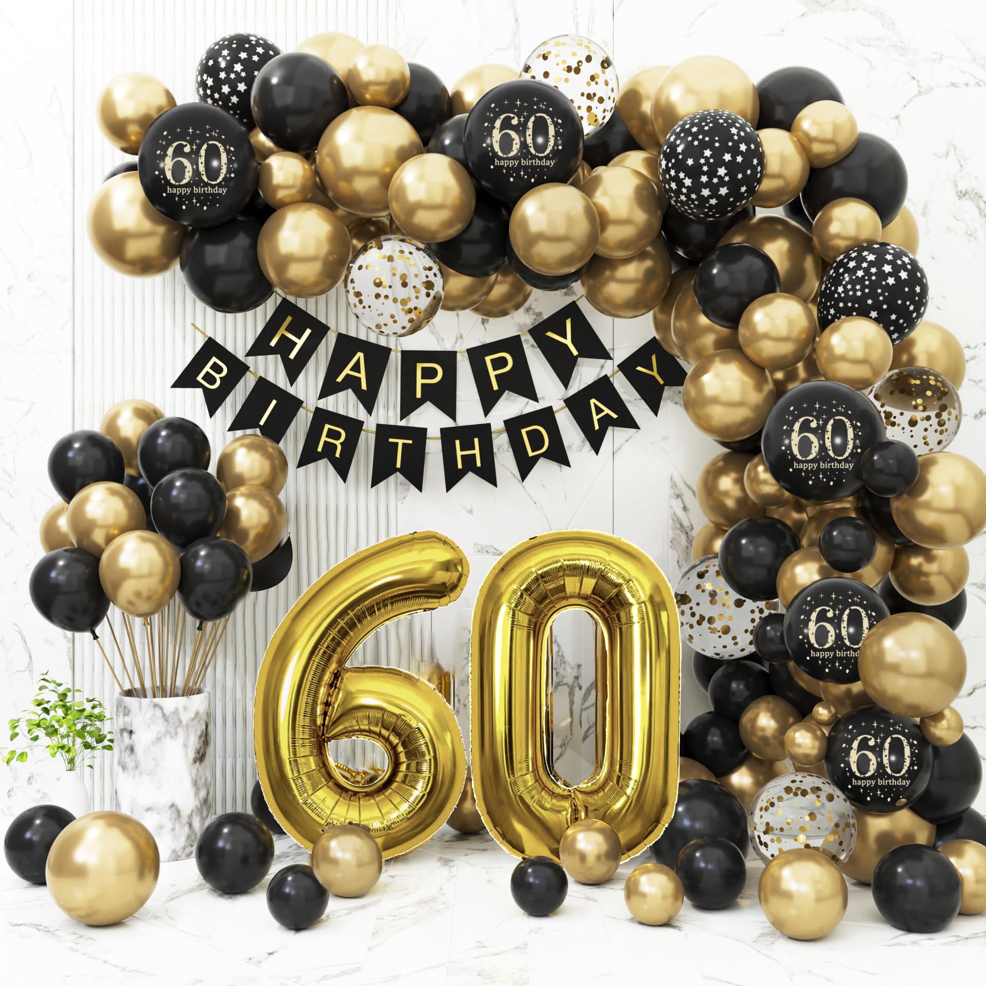 60th Birthday Decorations for Men Women, Black and Gold 60th Birthday Balloons Set Party Decorations with Happy 60th Birthday Decorations Banner,Black Gold Decor for 60th Birthday Party