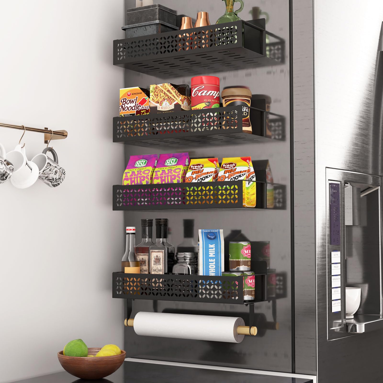WASUMI Magnetic Spice Rack for Refrigerator, 4 Pack Magnetic Spice Rack Organizer with 2 Paper Towel Holders, Metal Spice Rack for Fridge, Microwave, Magnetic Storage Shelf for Saving Space, Black