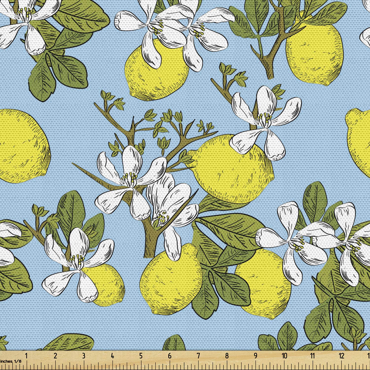 Ambesonne Botanical Fabric by The Yard, Fresh Lemon Patterns with Blossoms and Branches Botanical Spring Art, Decorative Fabric for Upholstery and Home Accents, 2 Yards, Yellow Blue