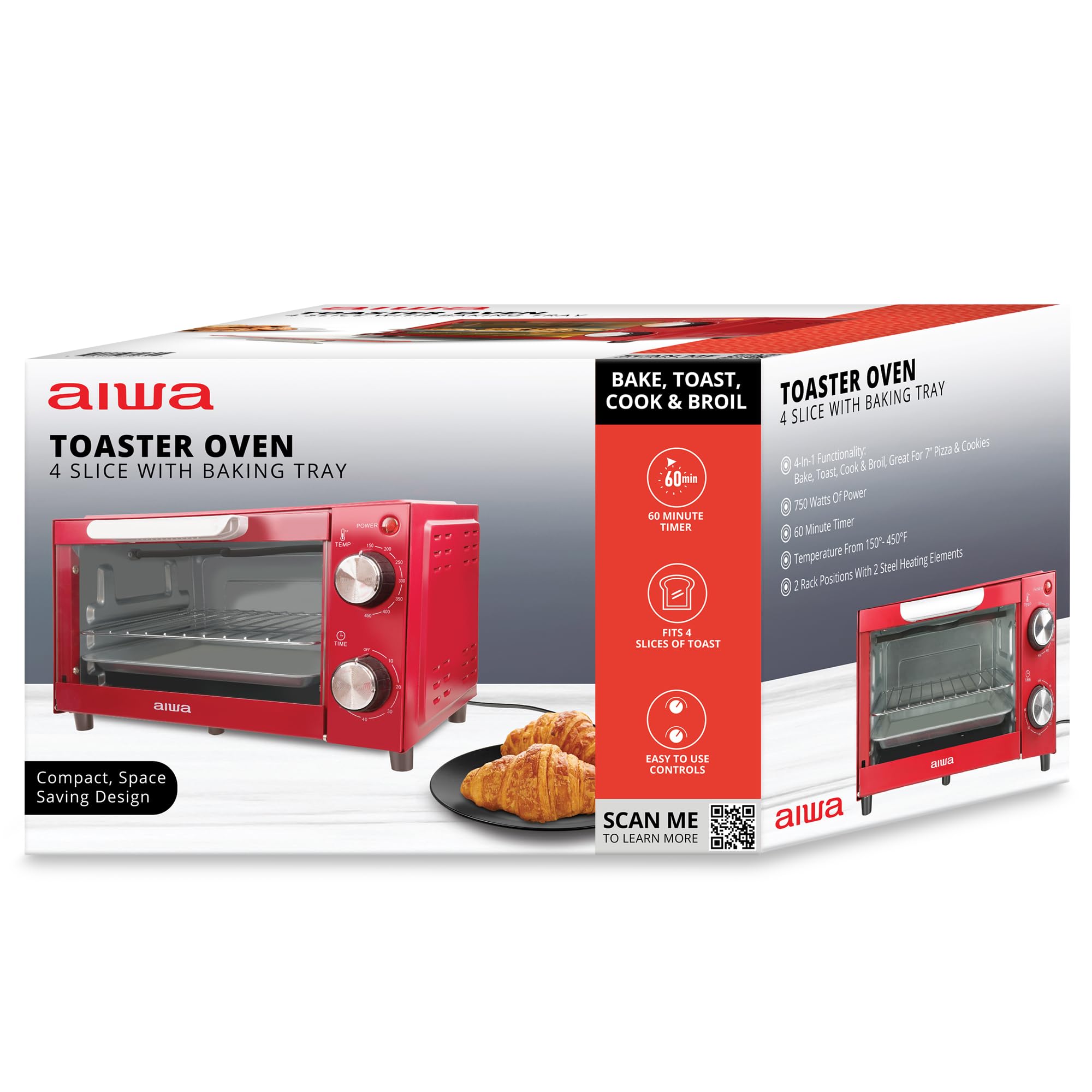 Aiwa 4-Slice Countertop Toaster Oven with Baking Tray, Bake Toast Cook and Broil, Temperature Control, 60 Minute Timer Knob, Automatic Shutoff, Baking Tray and Crumb Tray Included, Black