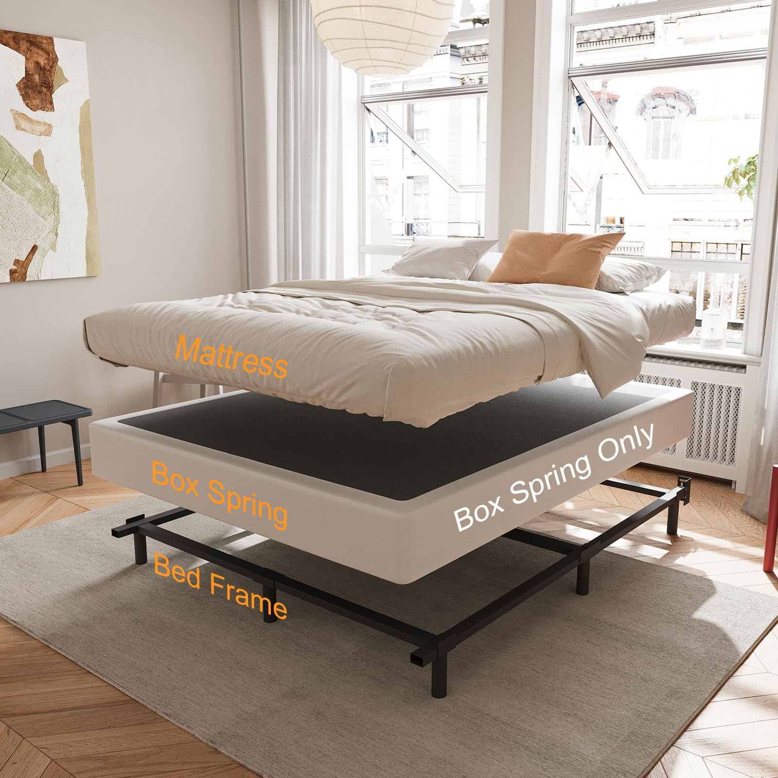 Bednowitz King Box Spring,5 Inch Low Profile Metal Boxspring with Non-Slip Fabric Bed Cover, Sturdy Heavy Duty Steel Structure Bed Base, Noise-Free Mattress Foundation, Easy Assembly,Black