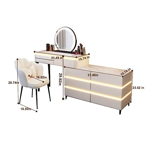 Attega Vanity Desk Set, Makeup Table with LED Lighted Mirror & Drawer Ambient Light, Dresser Desk with Side Cabinet & 9 Drawers Adjustable Dressing Table Set for Bedroom & Bathroom (White, 31.5 Inch)
