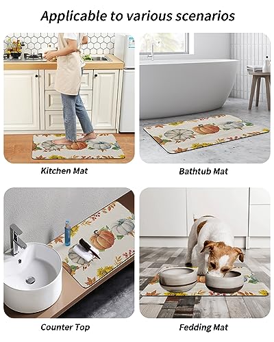 Bath Mat for Bathroom Non Slip Thanksgiving Fall Pumpkin Sunflower Maple Leaves Linen Diatomaceous Earth Bath Mats Highly Absorbent Door Mat Diatom Mud Washable Bathroom Mat for Tub Shower 18x30 Inch