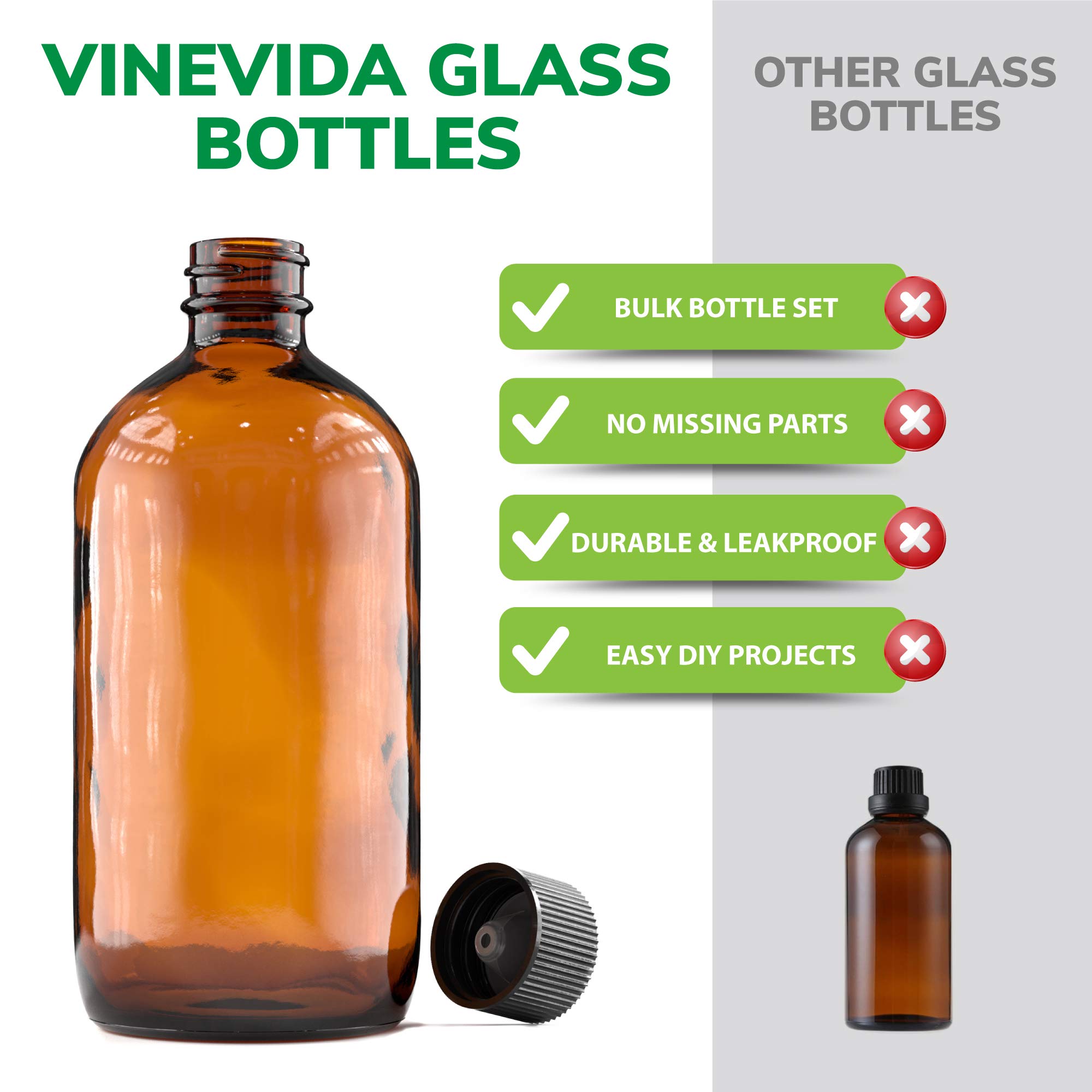 VINEVIDA 8 oz Amber Glass Bottles - 12 Pack Amber Boston Glass Bottles With Poly Cap and Accessories - Chalk Labels, Funnels - Empty Tincture Bottles for Essential Oils, Lab Chemicals, and Perfumes