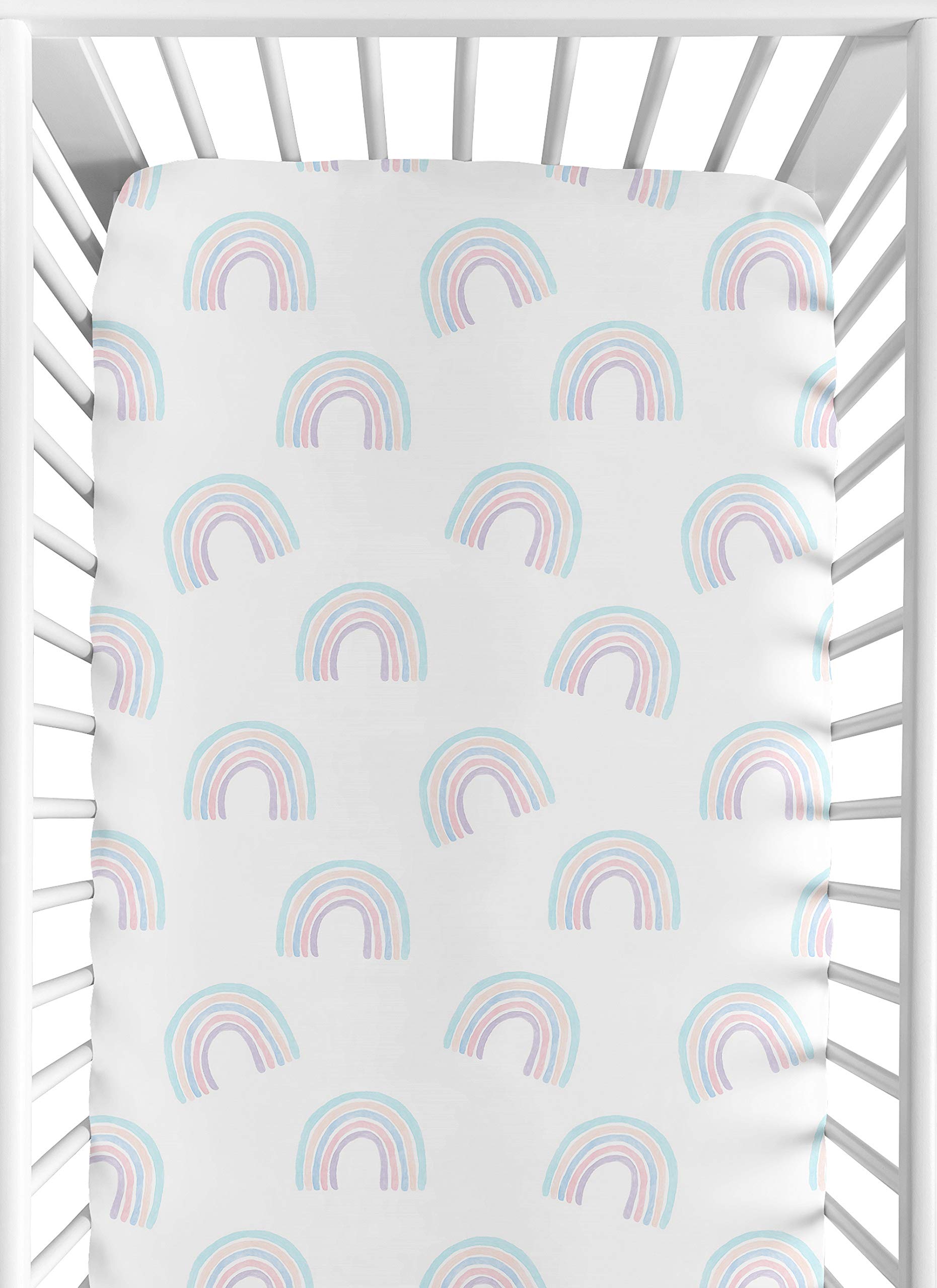 Sweet Jojo Designs Pastel Rainbow Girl Fitted Crib Sheet Baby or Toddler Bed Nursery - Blush Pink, Purple, Teal, Blue and White