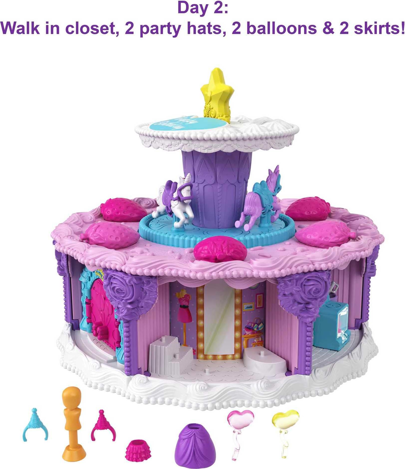 Polly Pocket 2-in-1 Playset, Unicorn Toy with 2 Micro Dolls & 25 Surprise Accessories, Birthday Cake Countdown