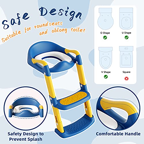 YMINA Potty Training Seat for Kids Toddlers Potty Training Toilet with Handles & Step Foldable Adjustable Comfortable and Anti-Slip Pad for Girls and Boys (Blue)