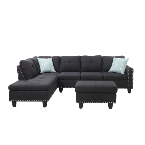 Yehha Upholstered Sofa, L-Shape Sectional Sofá with Removable Ottoman & Left Chaise, Cupholder Console & 2 Pillows, Modern Linen Couches for Apartment, Living Room, Charcoal Grey, Full