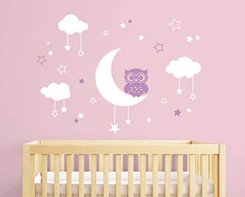 Nursery Wall Decals, Cute Owl Wall Decal, Kids Room Decal, Moon and Stars Decal, Nursery Decor, Cloud Wall Decals, Vinyl Stickers for Kids Baby Girls Boys Bedroom(Y19) (White,Purple)