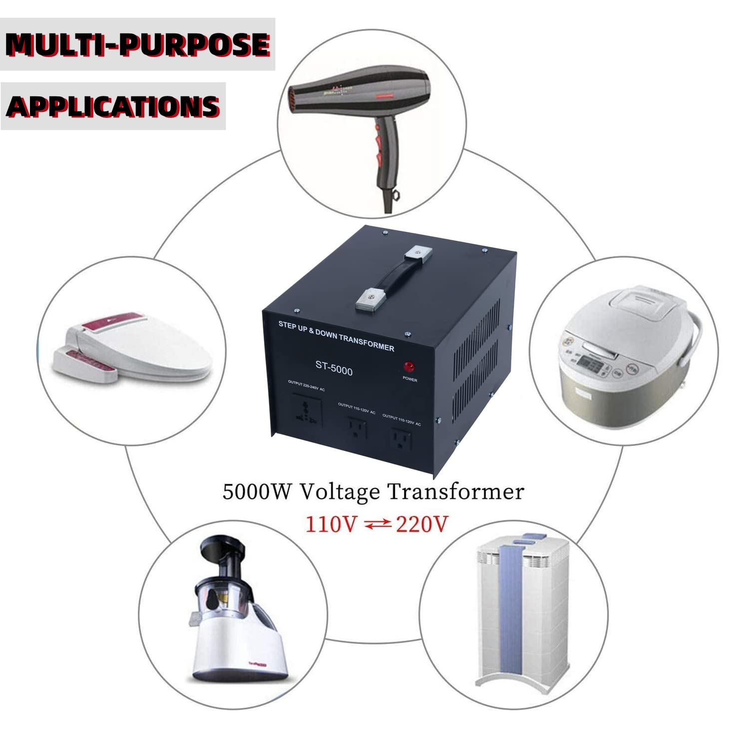 Yaeccc Voltage Converter Transformer, Step Up/Down (220V to 110V, 110V to 220V) - Efficient Power Conversion for International Travel and Home Use (5000W)