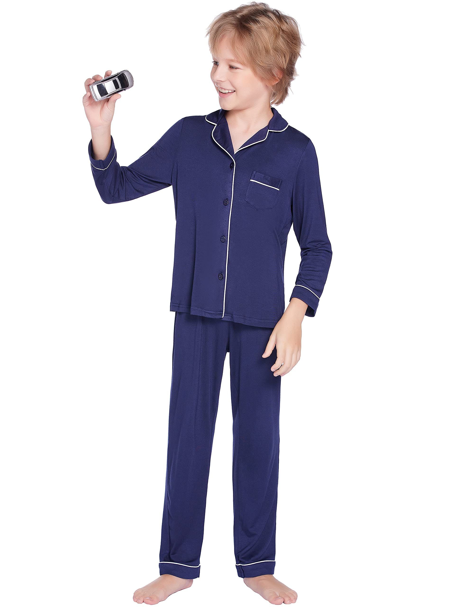 luxilooks Big Boys Cotton Button-Front Pajamas Sets 2 Piece Sleepwear Long Pj Set Casual Lougewear Soft Nightwear(Navy Blue,7-8Y)