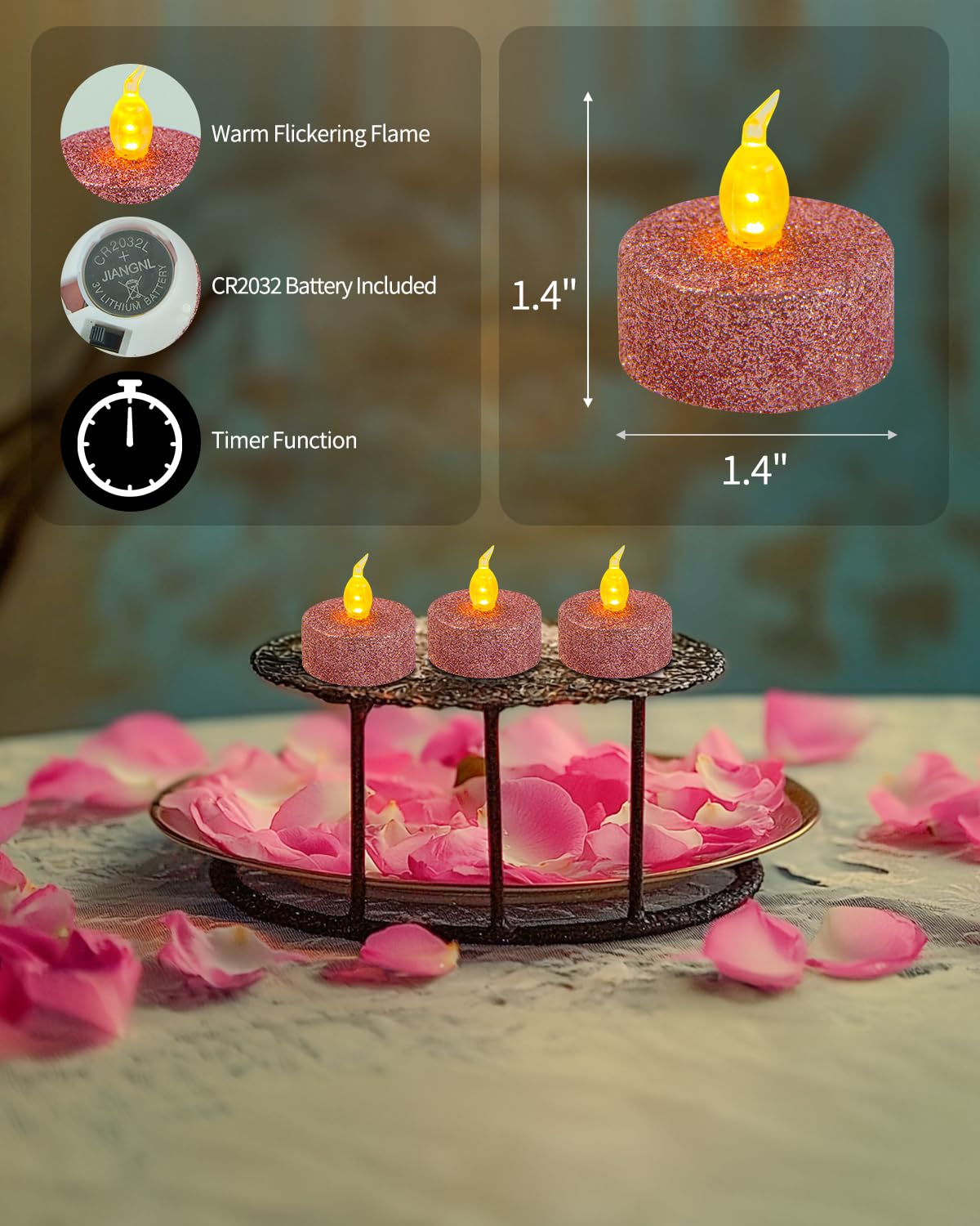 Finecombuy Rose Gold Candles Battery Operated,Glitter Tea Lights with Timer,Flameless Flickering Tealight Led Votive Candles for Home Decor,Wedding,Anniversary