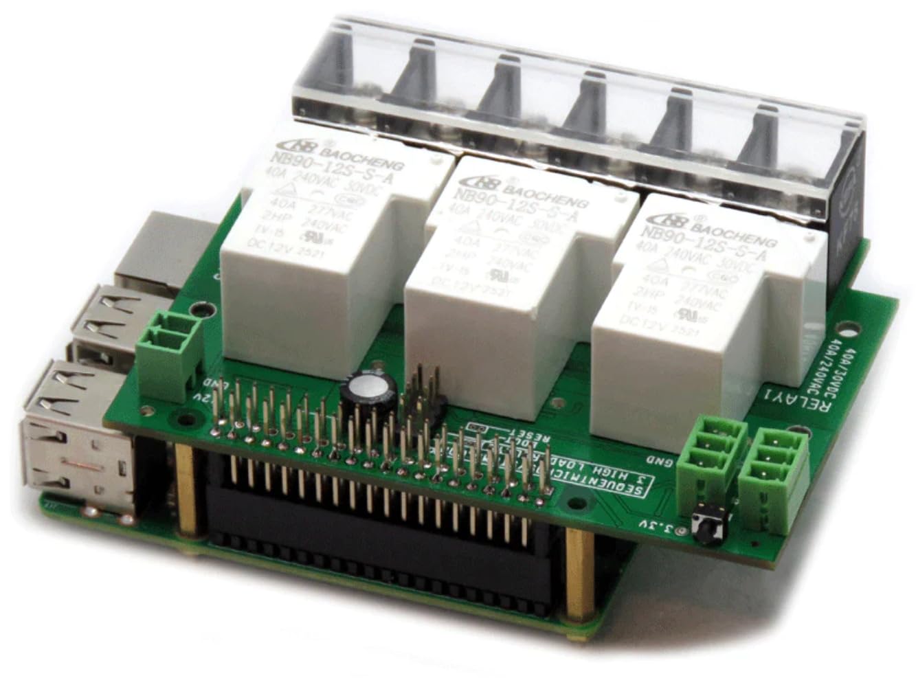 Three 40A/240V Relays RS485 Daisy-channable HAT for Raspberry Pi
