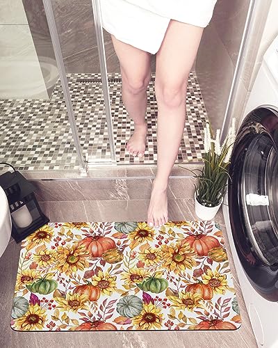 Bathroom Floor Shower Mat, Non-Slip Small Rugs - Easy to Clean, Thanksgiving Pumpkin Sunflower Fall Durable Bath Rug 24"x36" Washable Quick Dry Diatomaceous Earth Mats for Bathtubs