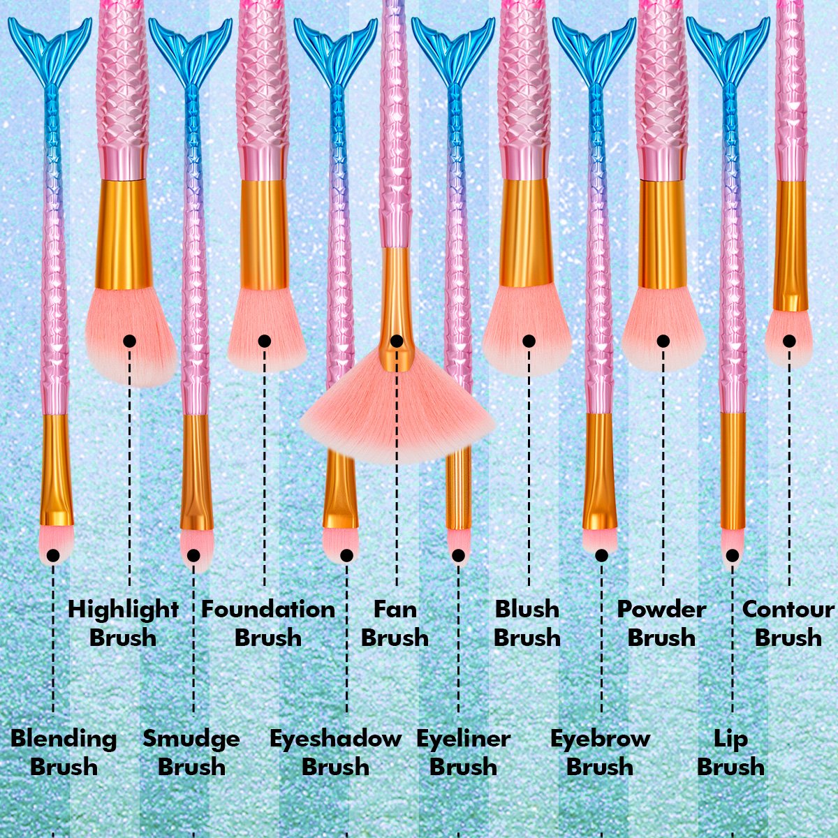 Makeup Brushes Set- Cosmetic Conceler Brushes Kit Tool 12PCS Make Up Foundation Eyebrow Eyeliner Blush Concealer Brushes Pink Mermaid Colorful (pink)