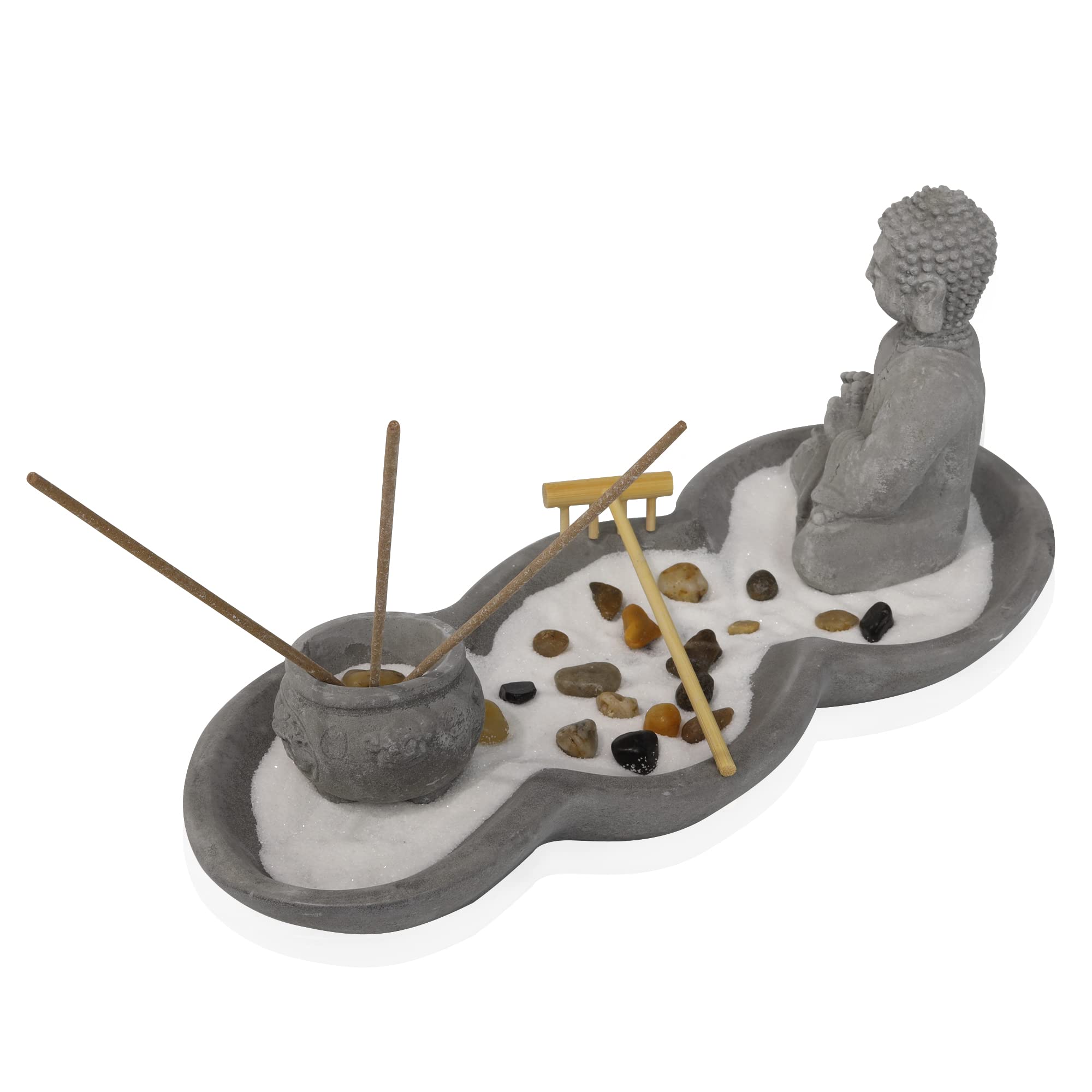 Japanese Mini Zen Garden Decor, Incense Holder with Buddha Statue for Relaxation and Meditation, Gift Set Perfect for Home and Office Decor