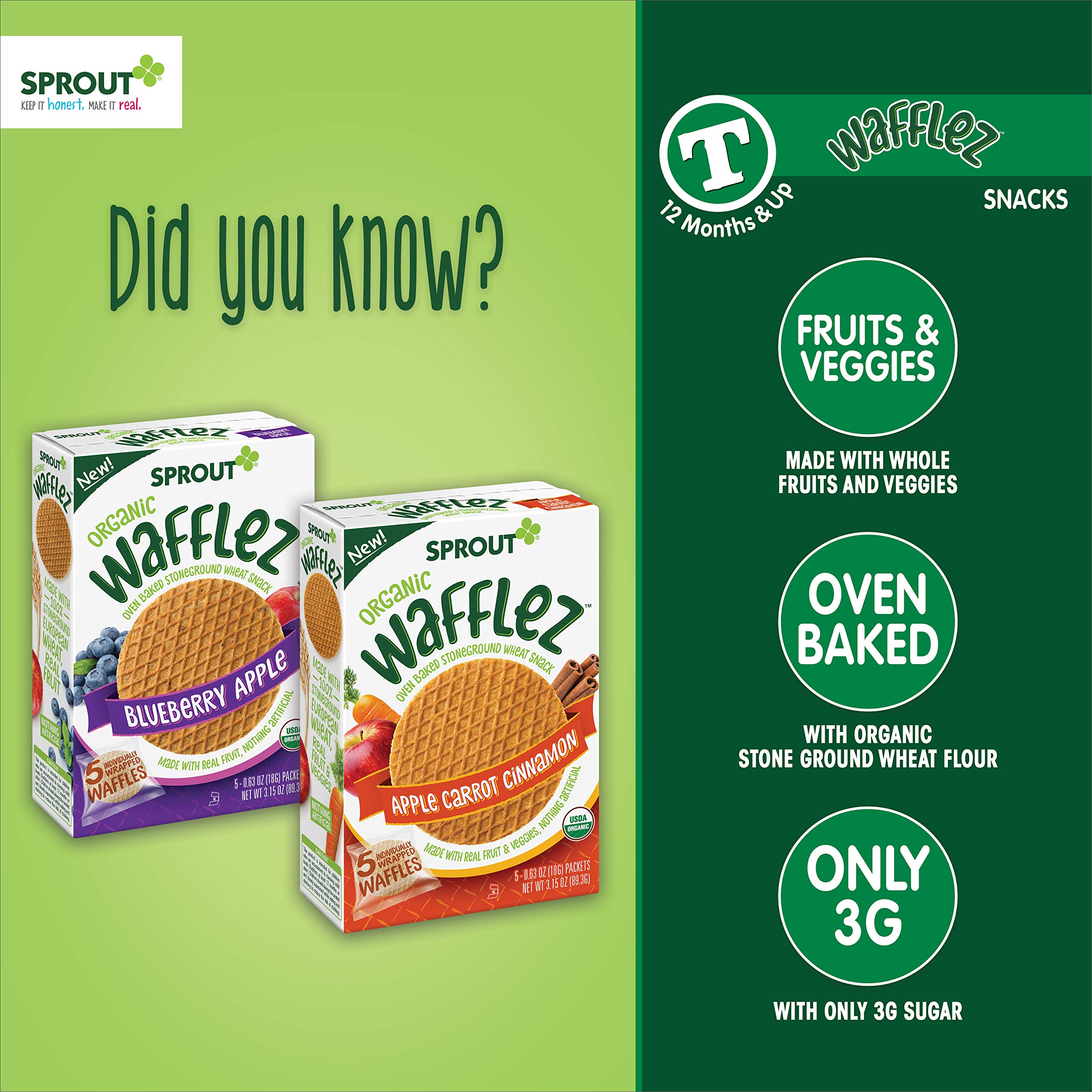 Sprout Organic Baby Food, Stage 4 Toddler Snacks, Blueberry Apple and Apple Cinnamon Wafflez Variety Pack, Single Serve Waffles (20 Count)