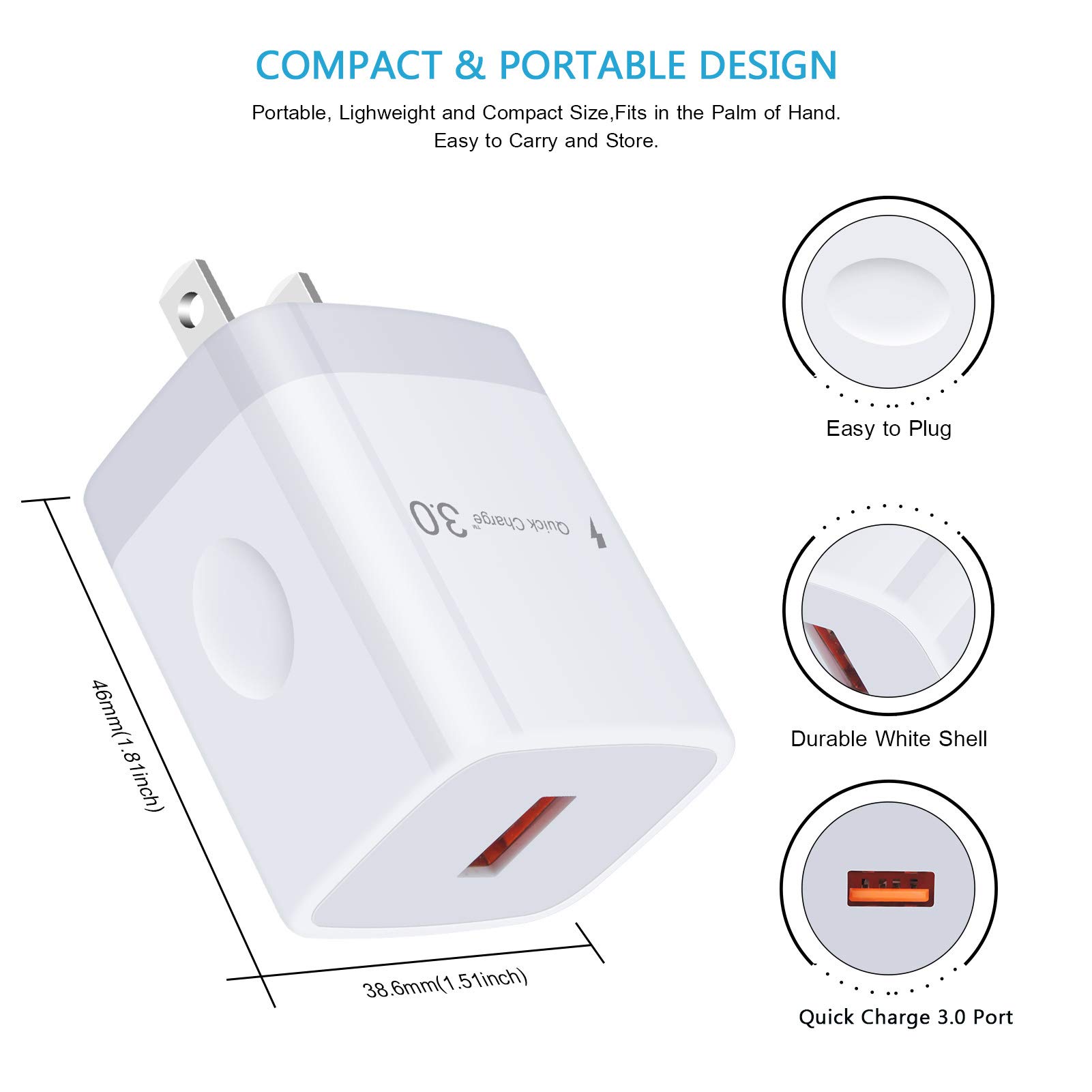 Quick Charge 3.0 Adaptive Fast Charging USB Adapter Wall Charger Plug with 2Pack 6ft Type C Cable for Samsung Galaxy S23 S22 S21 Ultra S20 FE Note 20 A14 A53 A13 A02S A12 A21 A51 A10E A50 A71 S10 S9