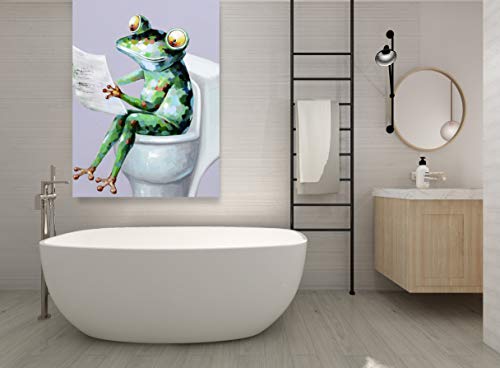 Yihui Arts Funny Bathroom Wall Art Hand Painted Happy Frog Reading Book Large Painting Pictures with Framed for Decor