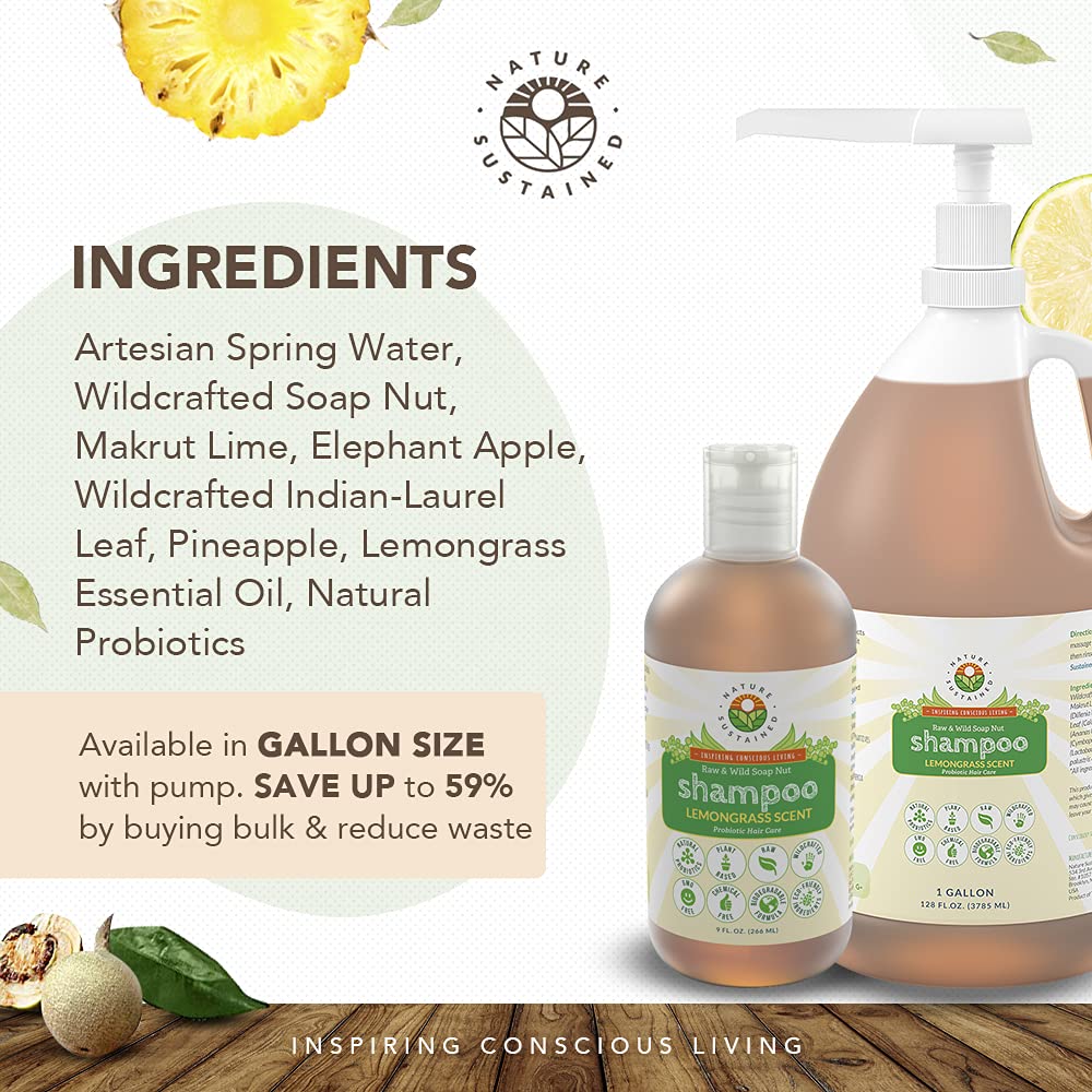 Nature Sustained Organic Shampoo - Raw & Wildcrafted with Probiotics, Hypoallergenic Natural & Sulfate Free Shampoo for Sensitive Scalp, Dry Hair, Dandruff, Eczema & Psoriasis, 9oz, Lemongrass