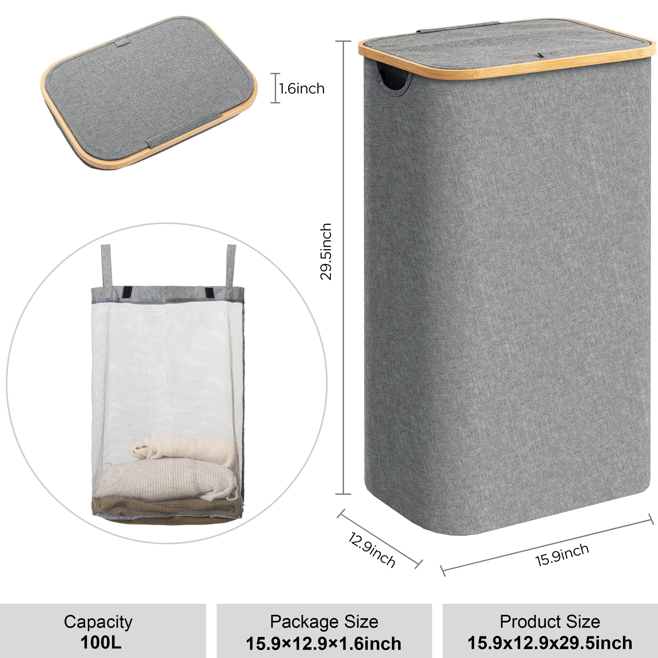 Famyards Laundry Hamper with Lid, 100L Large Laundry Basket with Bamboo Handles and Removable Inner Bag, Collapsible Dirty Clothes Hamper Laundry Bin for Bathroom, Bedroom, Dorm Laundry Room(Grey)