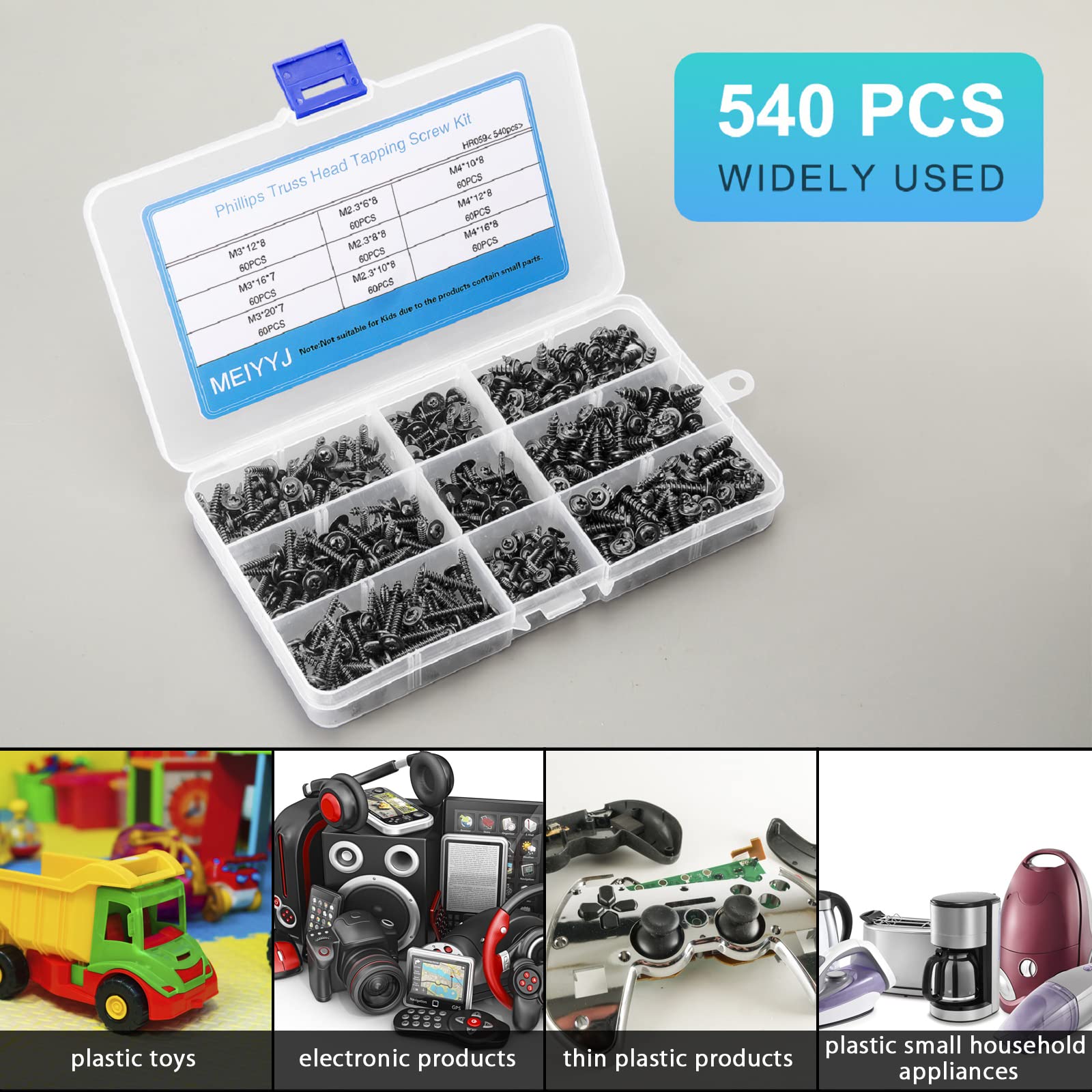 MEIYYJ 540pcs M2.3 M2.6 M3 Phillips Truss Head Tapping Screw Wafer Head with Washer, Self Tapping Screw Assortment Kit, Black Carbon Steel.