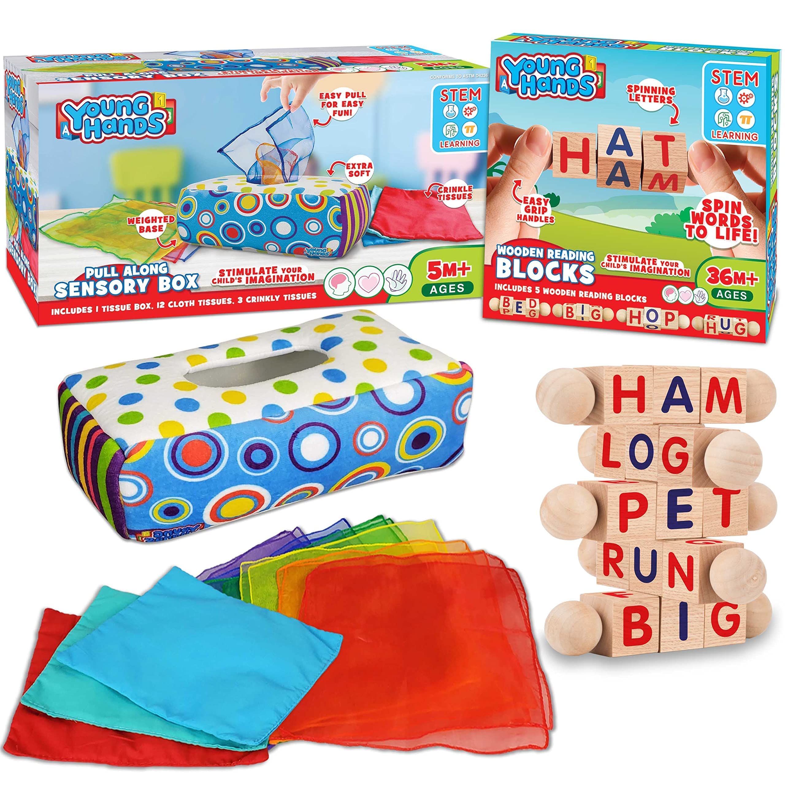 Young Hands 2 in 1 Set Montessori Toys for Kids â Sensory Pull Along Tissue Box + Wooden Reading Blocks - Kindergarten Preschool STEM Learning Activities Wooden Toys Gifts for Kids Toddlers