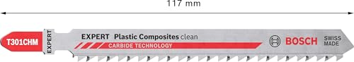 Bosch 3X Expert Plastic Composites Clean T301CHM Jigsaw Blade (for WPC Wood Plastic, Solid Surface Composite, Length 117 mm, Professional Accessory Jigsaw)