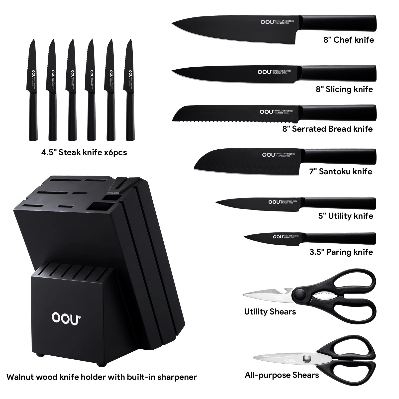 OOU Kitchen Knife Block Set - 15 Pieces High Carbon Stainless Steel Chef Knife Sets, Anti-Rust Black Knives Set with Built-in Sharpener Block, Black