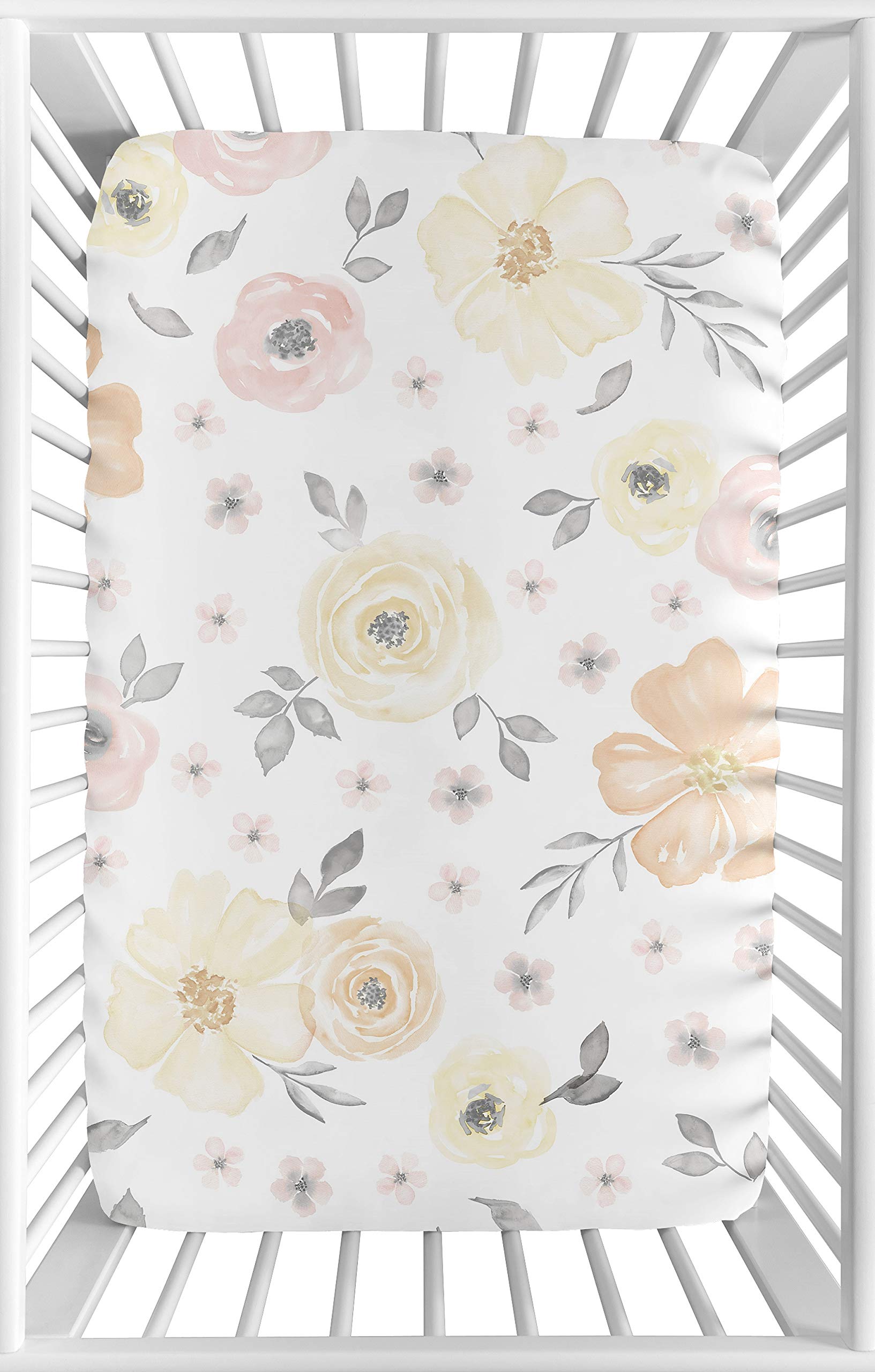 Sweet Jojo Designs Yellow and Pink Watercolor Floral Girl Fitted Mini Crib Sheet Baby Nursery For Portable Crib or Pack and Play - Blush Peach Orange Cream Grey White Shabby Chic Rose Flower Farmhouse