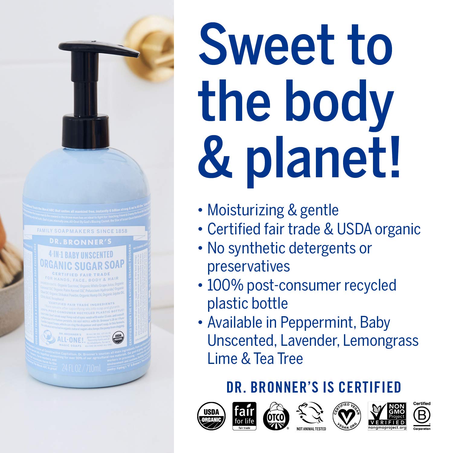 Dr. Bronner's Baby Unscented Gift Set - Pure-Castile Liquid and Bar Soaps, Organic Magic Balm, and 4-in-1 Organic Sugar Pump Soap