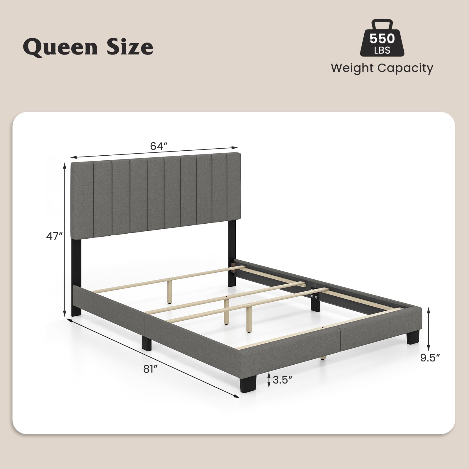 Giantex Queen Size Platform Bed Frame, Box Spring Needed, Modern Upholstered Mattress Foundation with Linen Fabric Headboard, Solid Wood Legs, No Slatted Bed Frame for Adjustable Bed Base, Gray