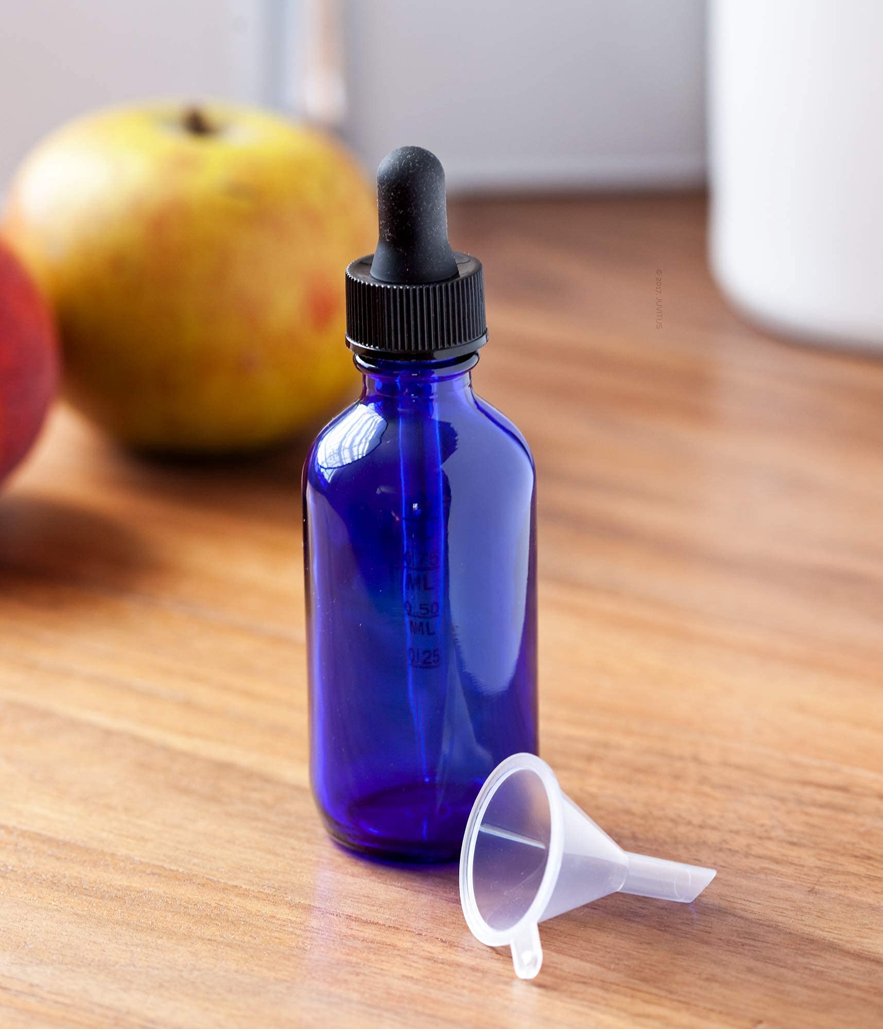 JUVITUS 2 oz / 60 ml Cobalt Blue Glass Boston Round Graduated Measurement Glass Dropper Bottle (6 pack) + Funnel