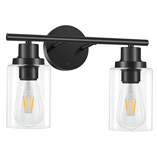 Bathroom Vanity Light Fixtures,2 Light Matte Black Farmhouse Light,UL Listed Vintage Sconces Lighting, Bath Wall Mounted Lights with Glass Shade,Porch Wall Lamp for Mirror,Living Room,Bedroom,Hallway